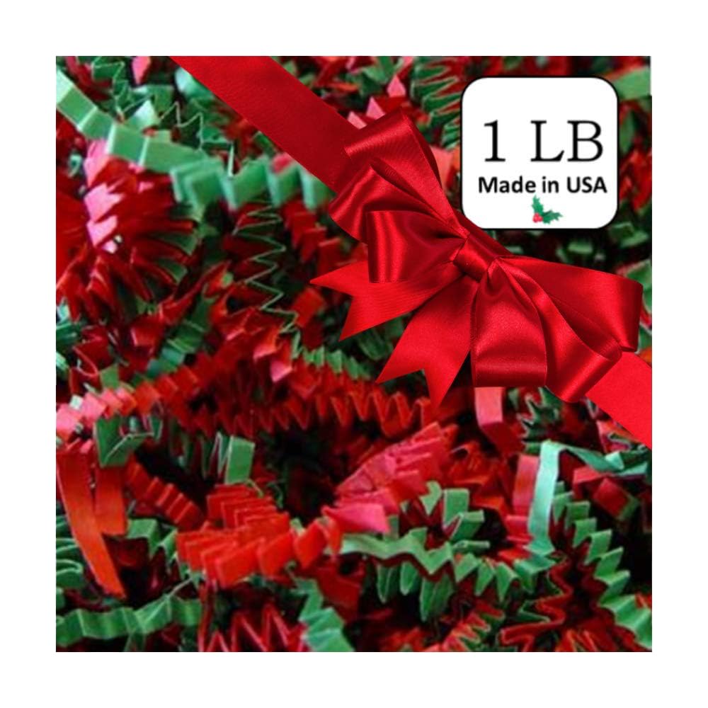 Montplisse Crinkle Cut Paper Shred Filler, Shredded Paper for Gift Baskets, Perfect Festive Basket Filler for Christmas Gifts. 1LB. Brilliant Red & Green Crinkle Paper fills 4 gift boxes.
