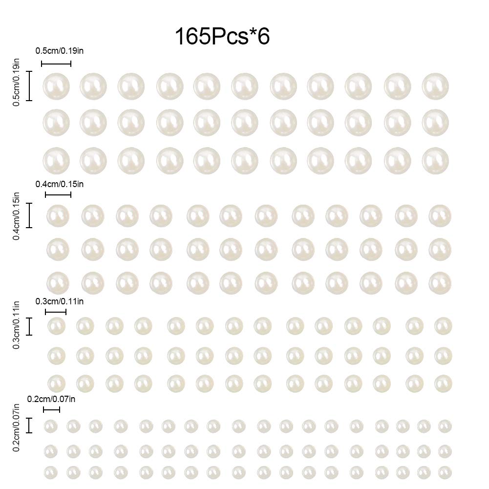 990 Pcs Self Adhesive Pearl Stickers, White Flat Back Pearls Sticker for Face Beauty Makeup Nail Art Cell Phone DIY Crafts Home Decor Scrapbooking Embellishments, 3mm/4mm/5mm/6mm