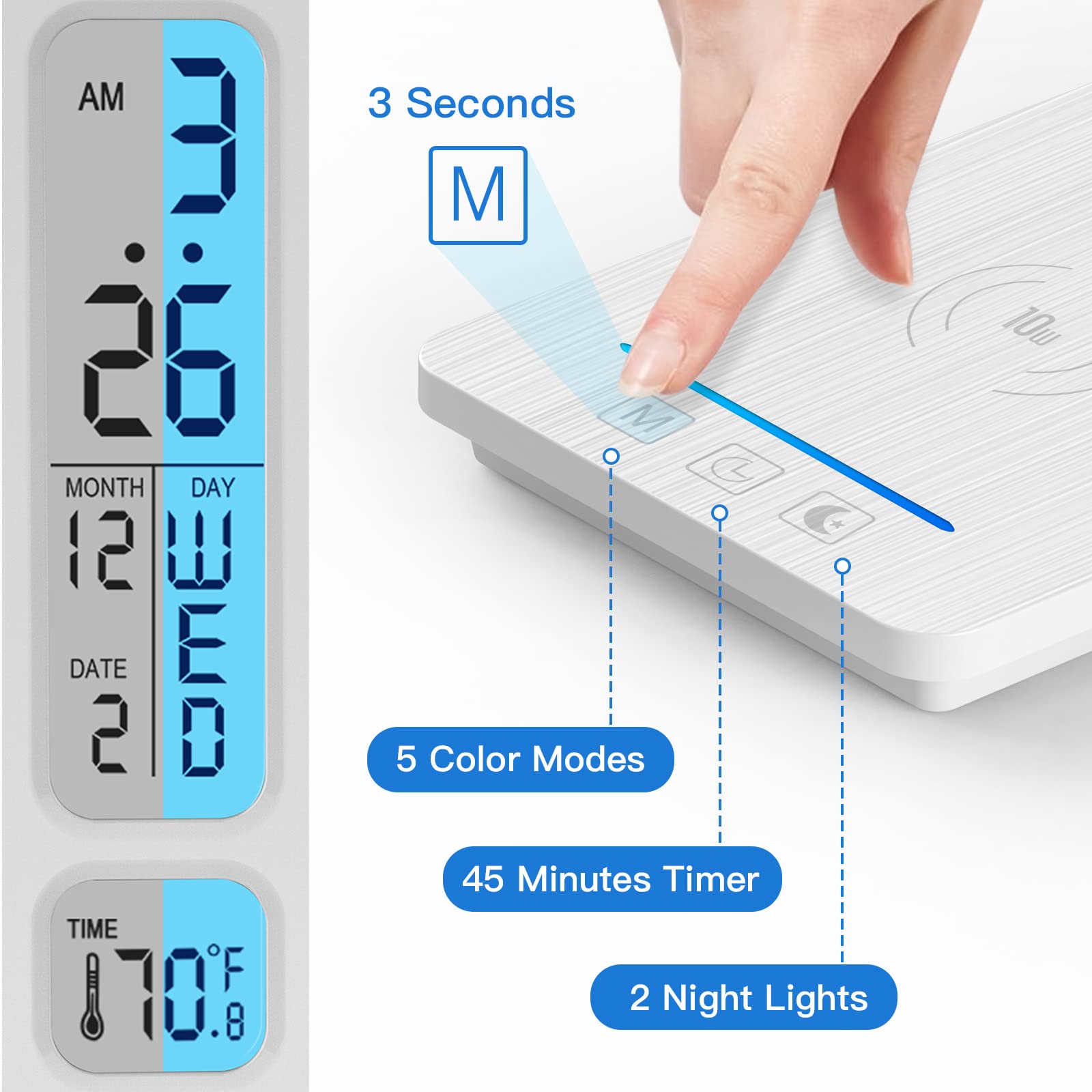 LED Desk Lamp with Wireless Charger, USB Charging Port, Desk Lamps for Home Office with 2 Night Lights & 5 Color Modes & 5 Brightness, Touch Control Desk Light with Clock, Alarm, Date, Temperature