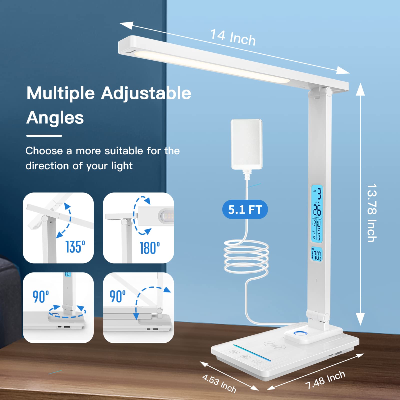 LED Desk Lamp with Wireless Charger, USB Charging Port, Desk Lamps for Home Office with 2 Night Lights & 5 Color Modes & 5 Brightness, Touch Control Desk Light with Clock, Alarm, Date, Temperature