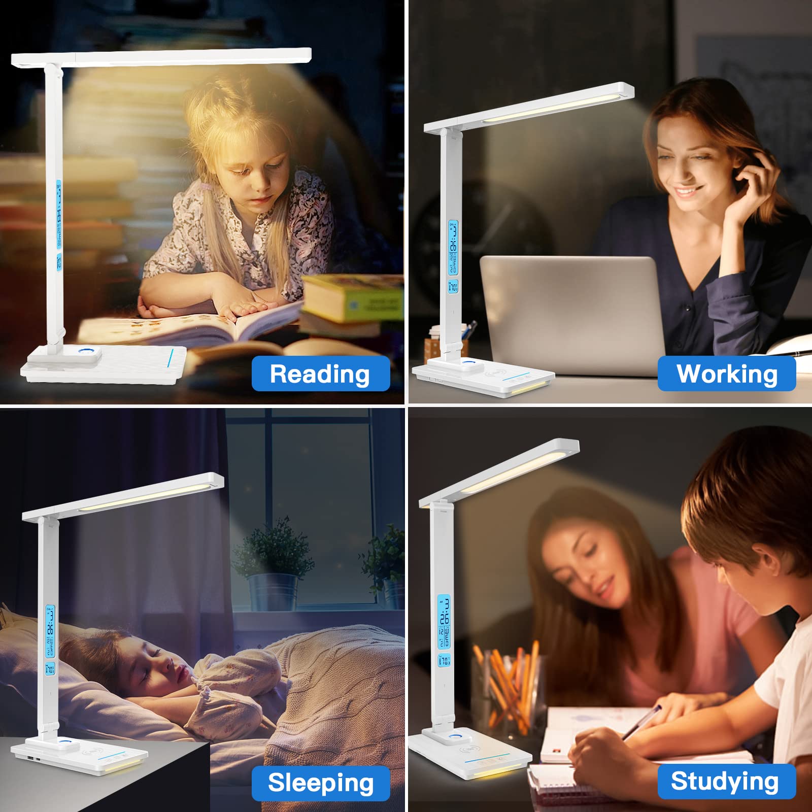 LED Desk Lamp with Wireless Charger, USB Charging Port, Desk Lamps for Home Office with 2 Night Lights & 5 Color Modes & 5 Brightness, Touch Control Desk Light with Clock, Alarm, Date, Temperature