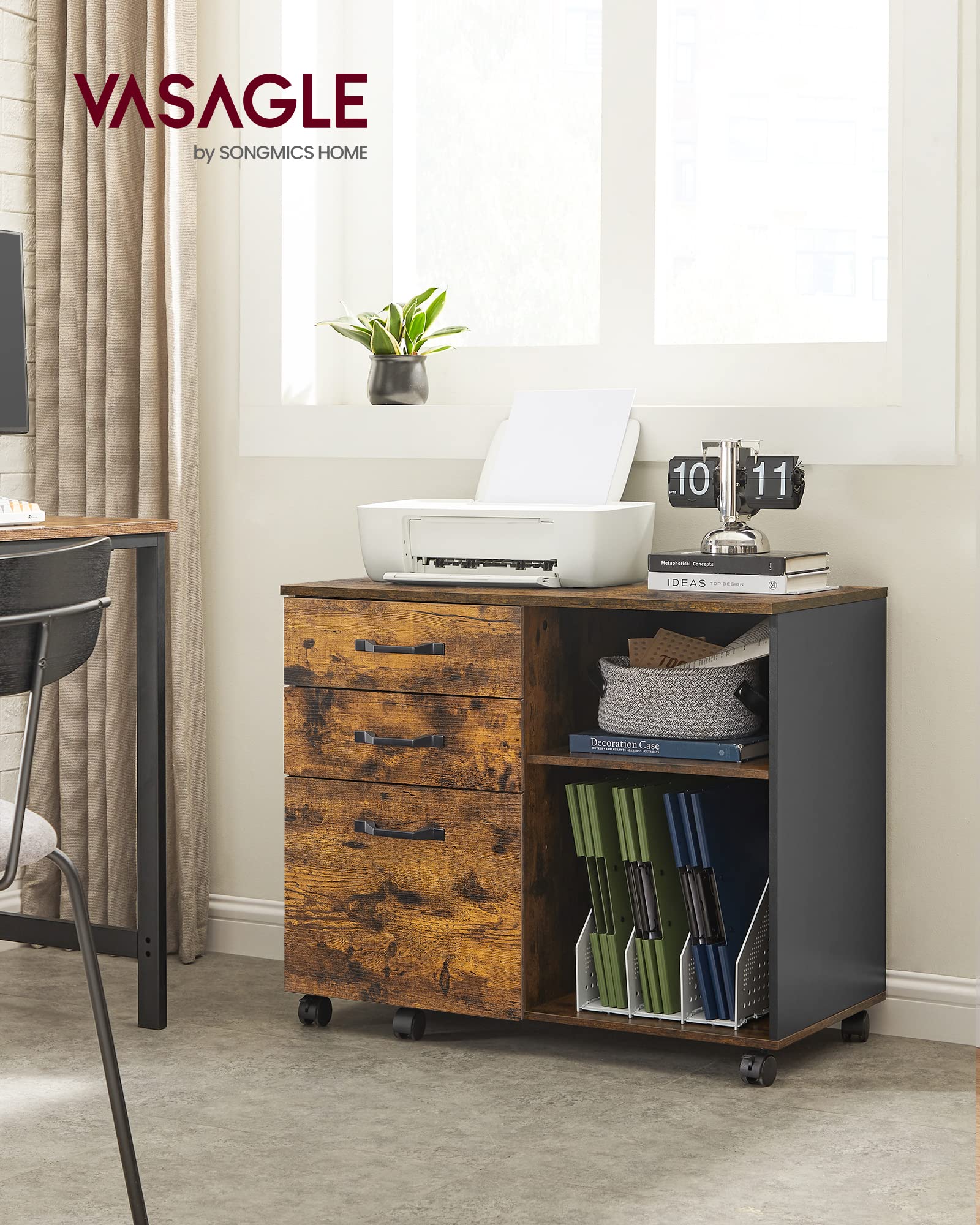 VASAGLE Lateral File Cabinet, Home Office Printer Stand, with 3 Drawers and Open Storage Shelves, for A4, Letter-Size Documents, Rustic Brown + Black