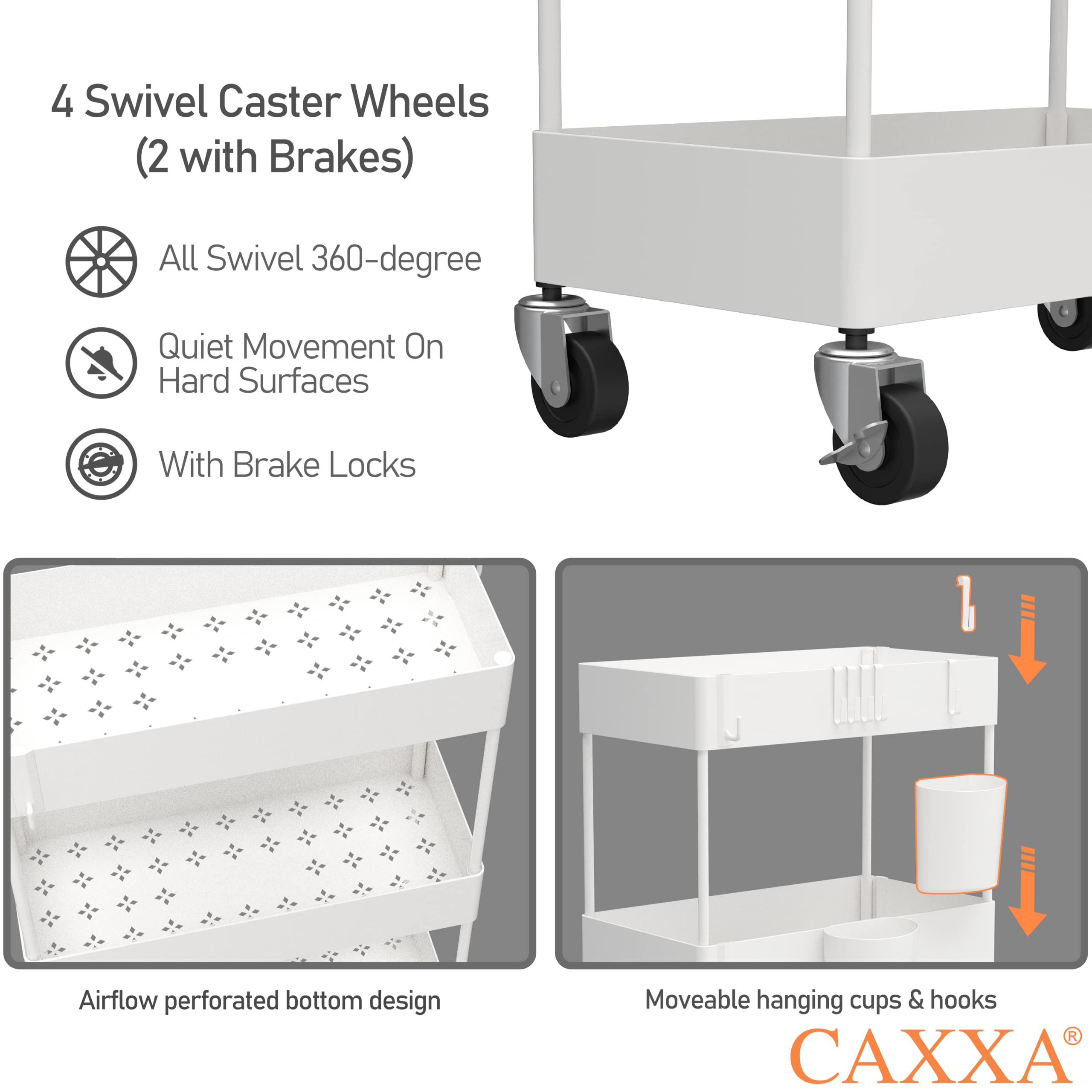 CAXXA 4-Tier Rolling Storage Organizer with 4 Small Baskets - Mobile Utility Cart with Caster Wheels, White