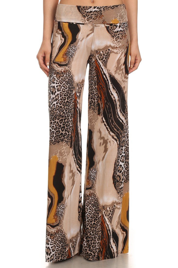 ICONOFLASH Women's Wide Leg Palazzo Pants with Fold-Over Waist (Milky Way Cheetah, Small)