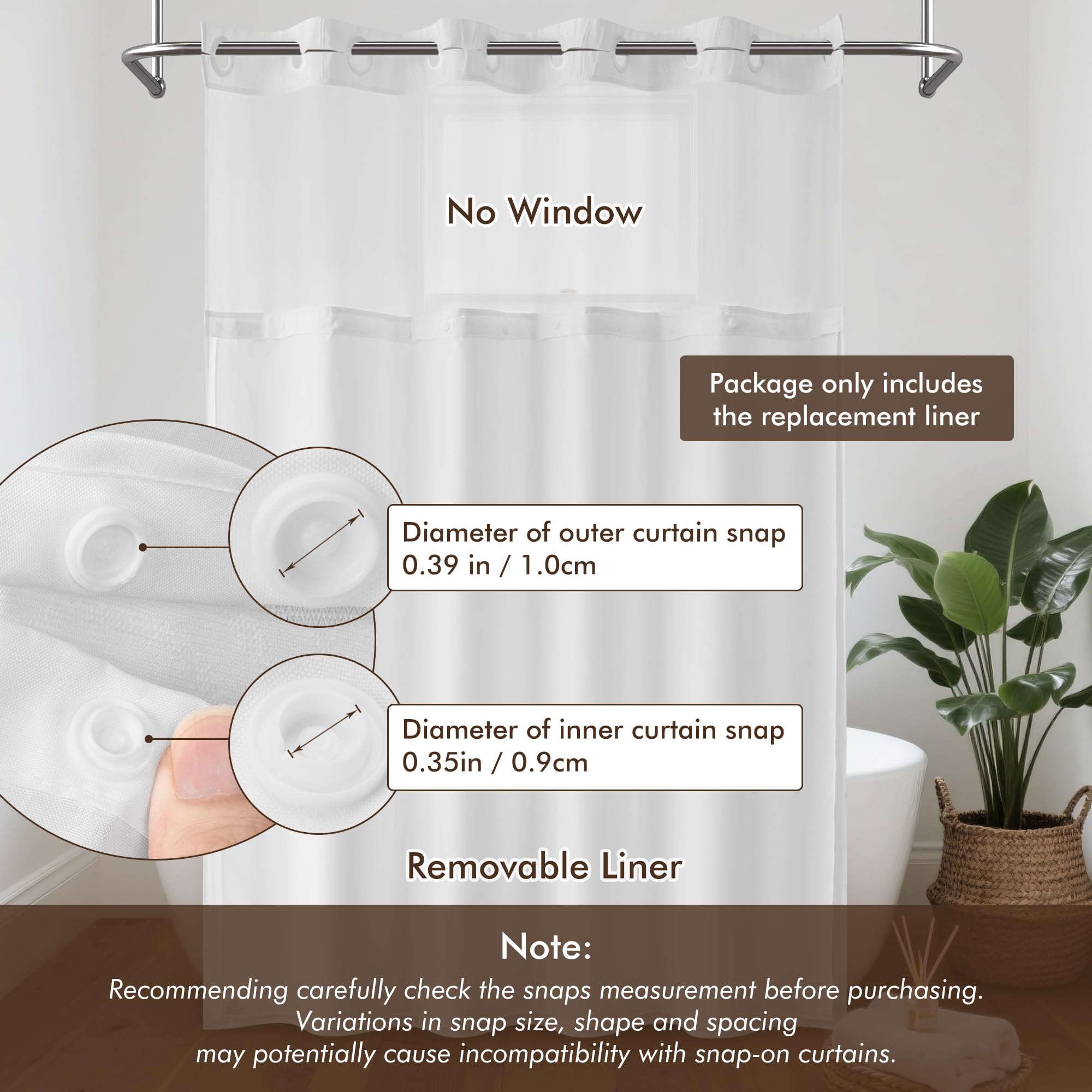 Barossa Design Fabric Snap-in Shower Curtain Liner Replacement 70" x 54" - Hotel Style, Removable & Machine Washable, Water-Repellent - White, 70x54