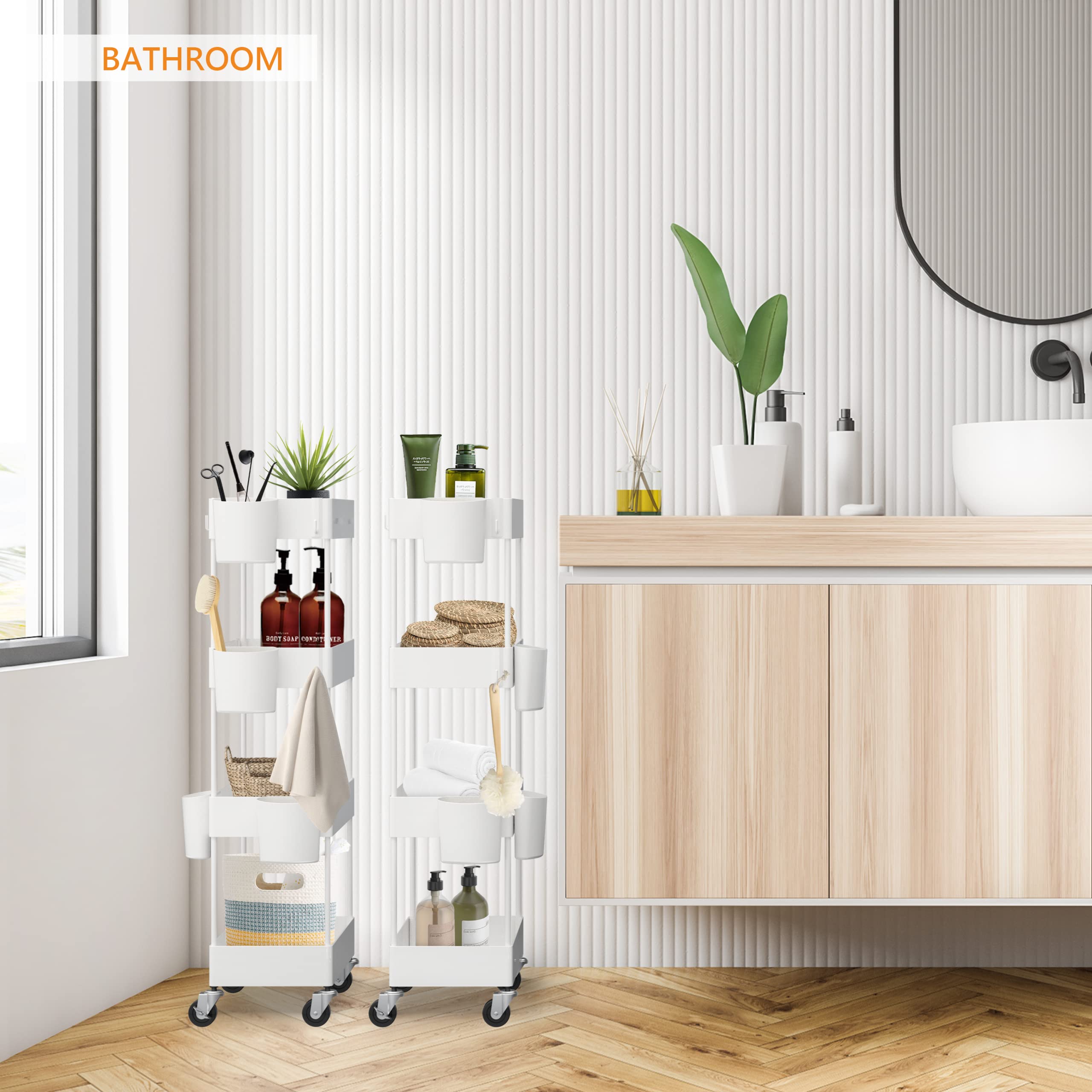 CAXXA 4-Tier Rolling Storage Organizer with 4 Small Baskets - Mobile Utility Cart with Caster Wheels, White