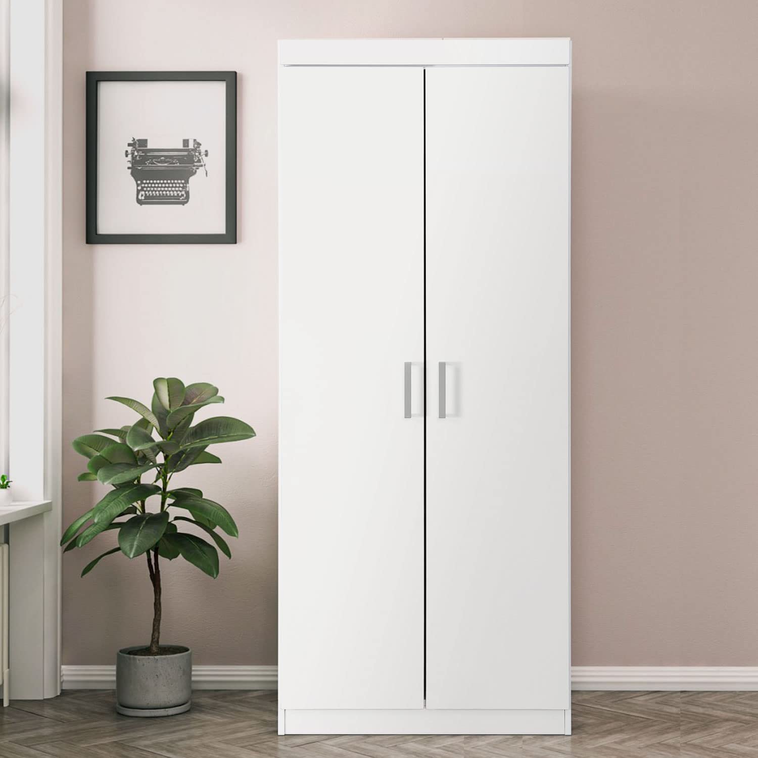 Wardrobe with Adjustable Shelf/Hanging Rod, Modern Simple Style Armoire Clothes Closet,White Wood Floor Standing Wardrobe Clothes Organizer