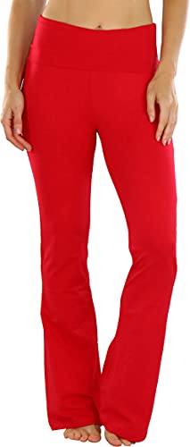 ToBeInStyle Women’s Premium Comfortable Cotton-Blend Fold Over Flared Yoga Pants Leggings - Ruby - Large