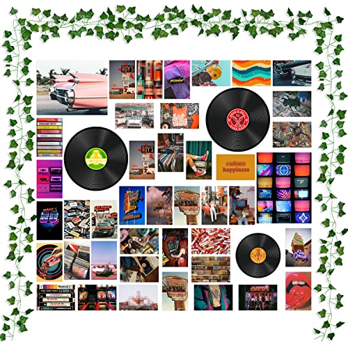 K1tpde 48PCS Retro Room Decor Wall Collage Aesthetic with Fake Vines, Retro Records Picture for Wall Collage, Retro Room Decor for Girls, Wall Art Prints with Fake Vine for Bedroom, Retro Records Wall Picture Decor for Teens, Colorful Collage Kit