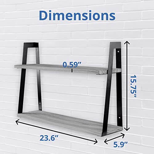 Halter 2 Tier Rustic Floating Wall Shelves for Bedroom, Bathroom, Mounted Hanging Bookshelf Storage, Oragnizer, Living Room, Kitchen, or Laundry Room, Set of 2 Shelves, Brackets Included, Gray Wood
