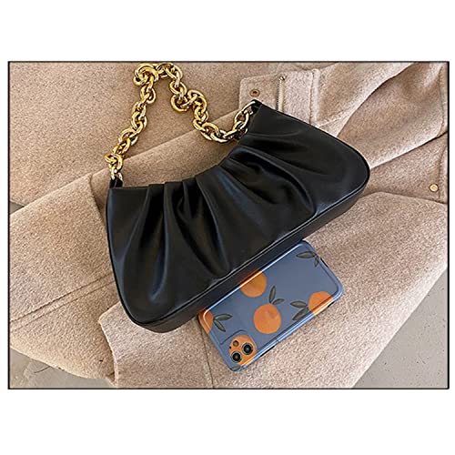 JOLLQUE Shoulder Bag for Women,Small Leather Dumpling Bag Handbag Purse,Gold Chain Going Out Evening Clutch Purses (Black)