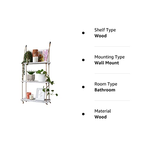 Labcosi 3 Tier Rope Wall Hanging Floating Shelves, Rustic White Wall Shelf, Swing Wood Farmhouse Decor Living Room, Bathroom, Bedroom, and Outdoor