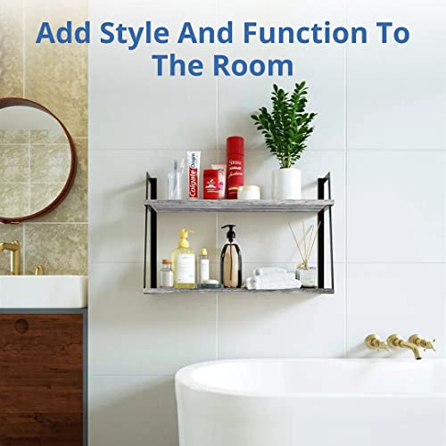 Halter 2 Tier Rustic Floating Wall Shelves for Bedroom, Bathroom, Mounted Hanging Bookshelf Storage, Oragnizer, Living Room, Kitchen, or Laundry Room, Set of 2 Shelves, Brackets Included, Gray Wood
