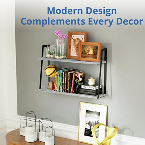 Halter 2 Tier Rustic Floating Wall Shelves for Bedroom, Bathroom, Mounted Hanging Bookshelf Storage, Oragnizer, Living Room, Kitchen, or Laundry Room, Set of 2 Shelves, Brackets Included, Gray Wood