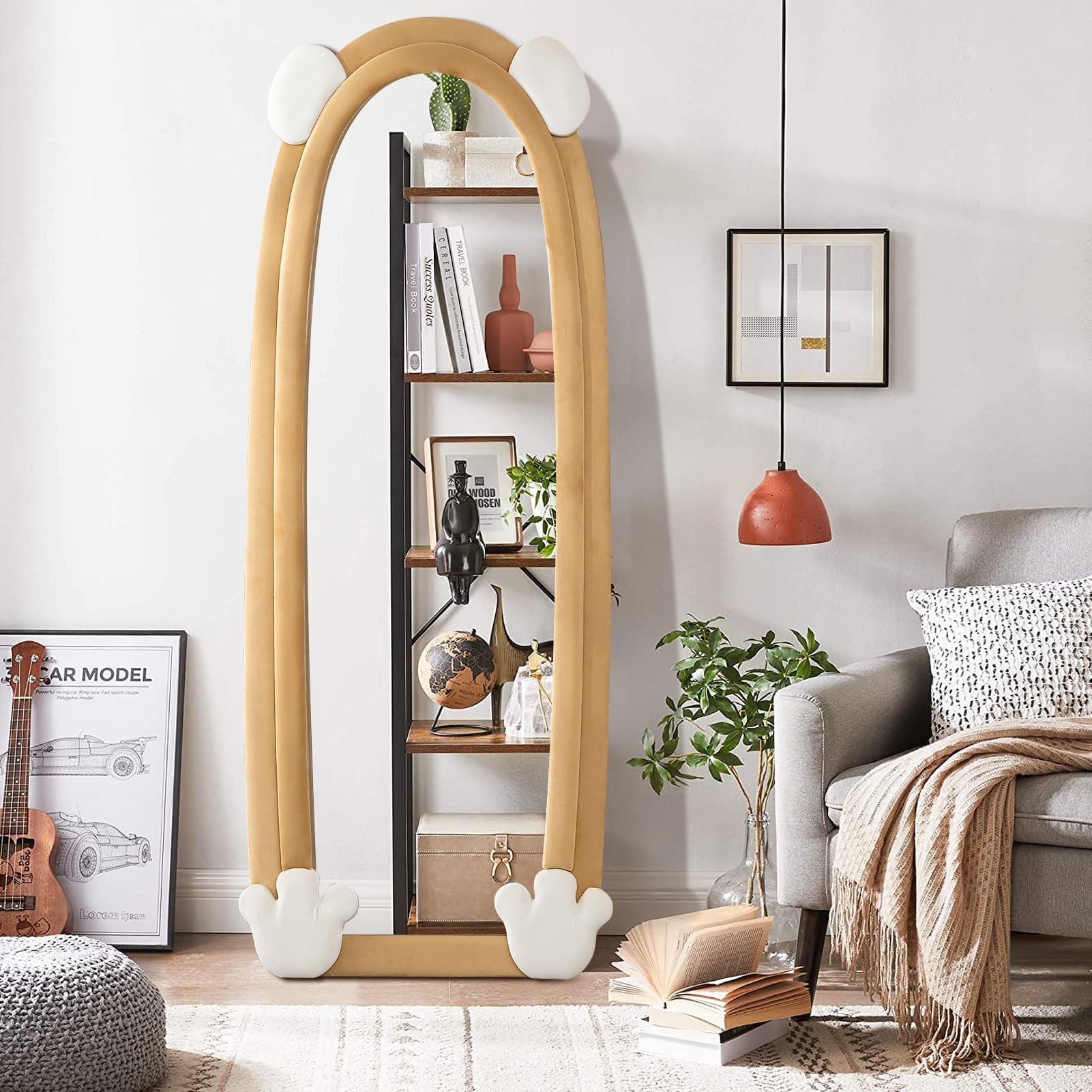 GOODONE Full Length Mirror,63"x24" Irregular Full Body Mirror for Bedroom Living Room, Floor Mirror Standing Hanging or Leaning Against Wall, Flannel Wrapped Wooden Frame,Bear