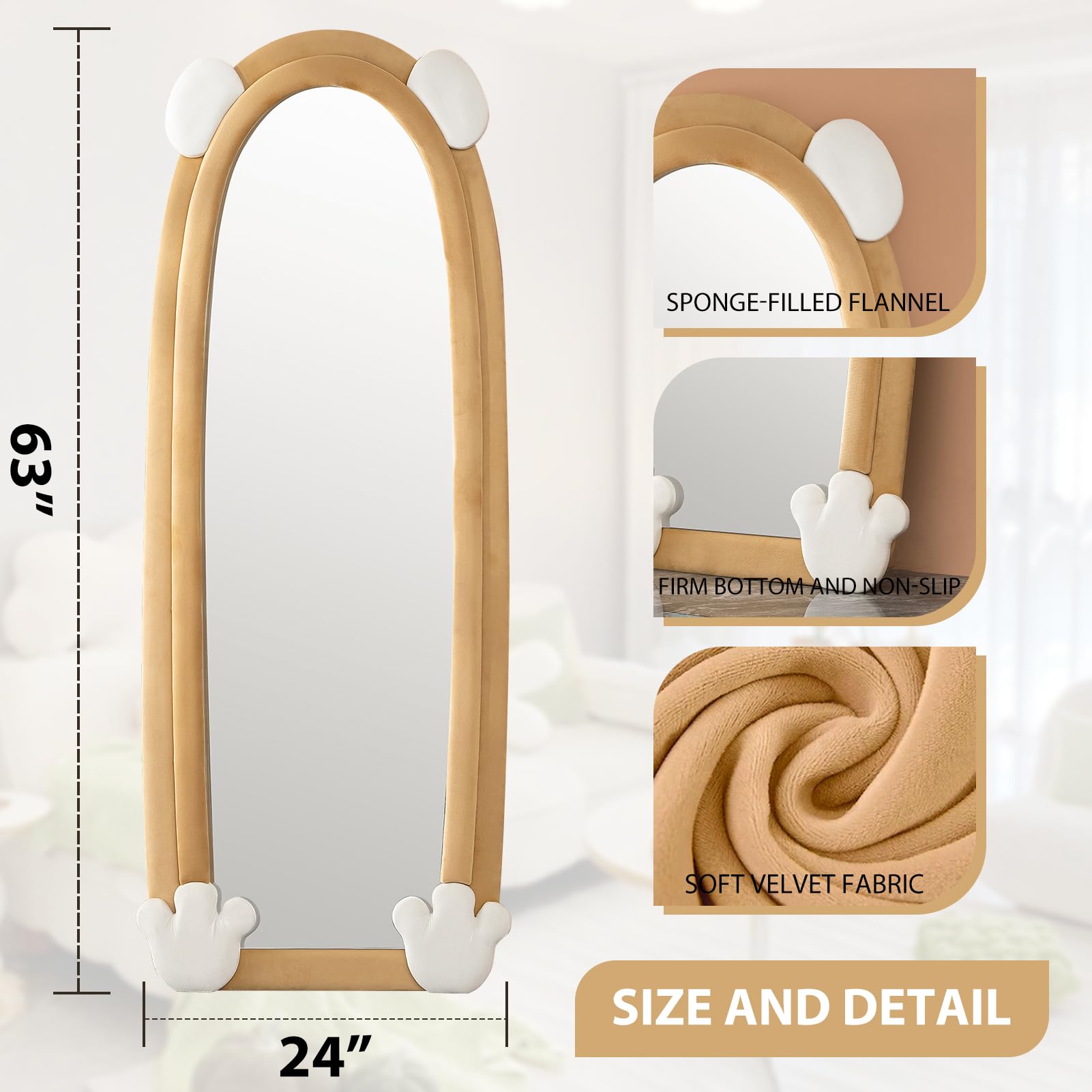 GOODONE Full Length Mirror,63"x24" Irregular Full Body Mirror for Bedroom Living Room, Floor Mirror Standing Hanging or Leaning Against Wall, Flannel Wrapped Wooden Frame,Bear