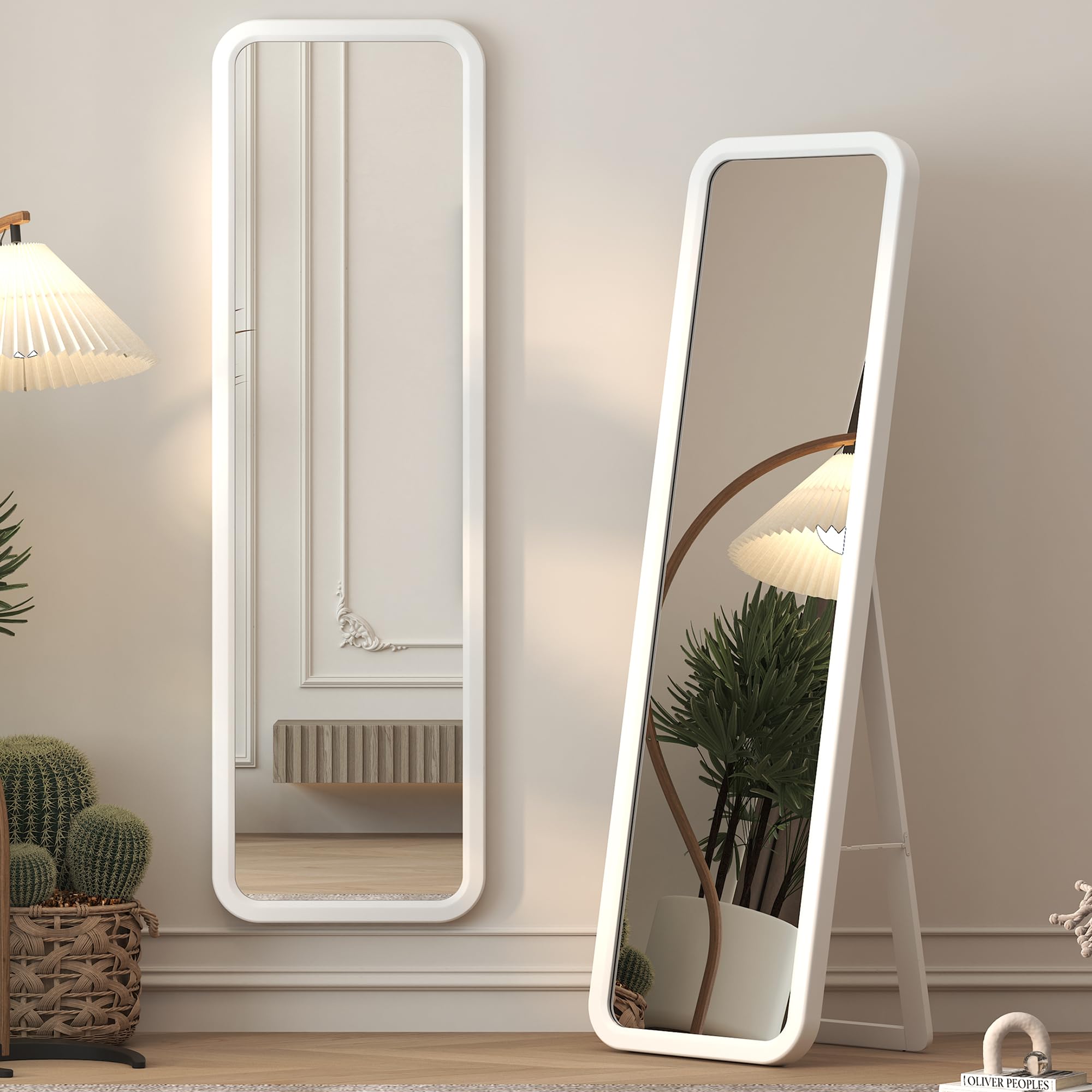 LVSOMT 63"×18” Wooden Full Length Mirror, Full Body Mirror, Standing Floor Mirror, Solid Wood Frame, Rounded Corner, Stand Up or Wall-Mounted, Dressing Mirror for Bedroom, Rustic Mirror, White