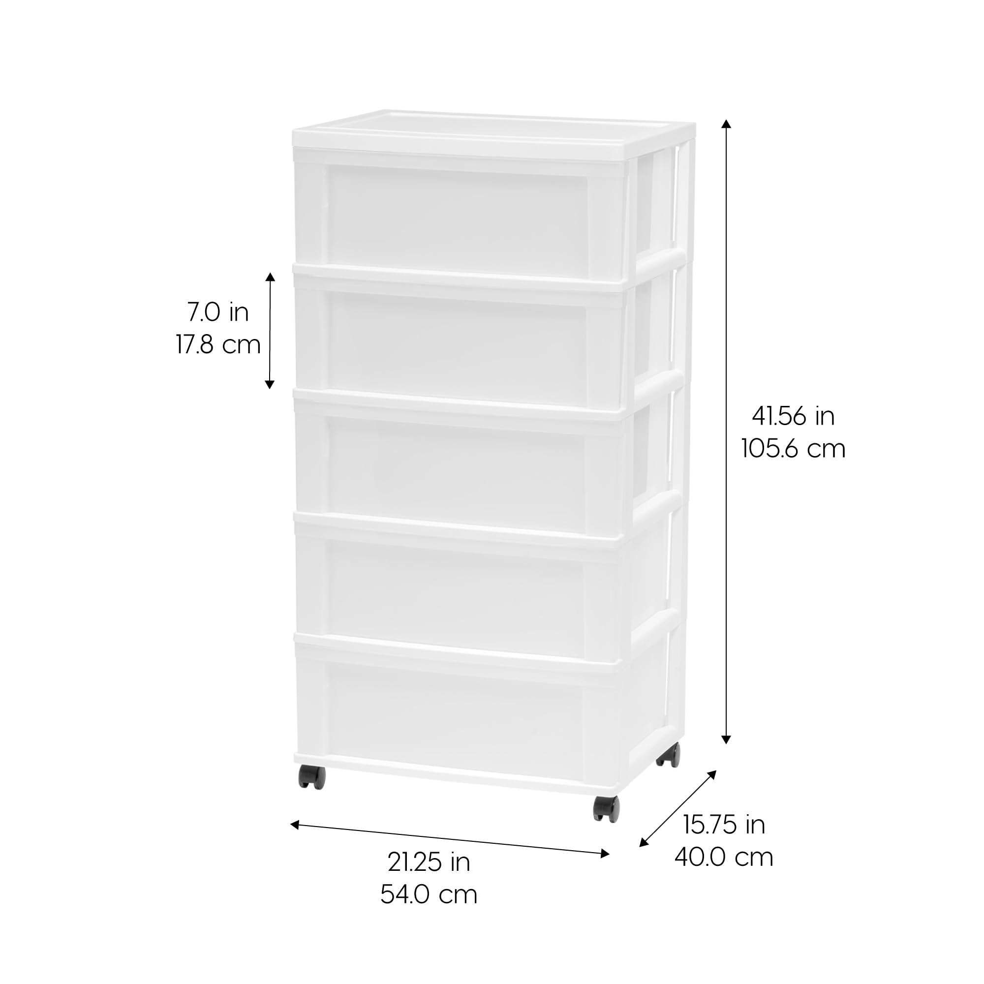 IRIS USA Plastic 5 Drawer Wide Storage Drawer Cart with 4 Caster Wheels for Home, Closet, Bedroom, Bathroom, Office, Laundry, Kitchen, Craft Room, Nursery and School Dorm, White, Set of 1