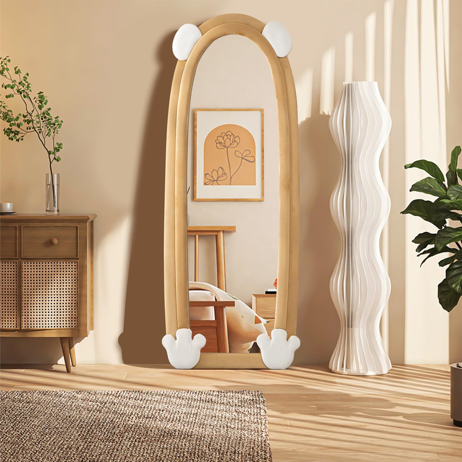 GOODONE Full Length Mirror,63"x24" Irregular Full Body Mirror for Bedroom Living Room, Floor Mirror Standing Hanging or Leaning Against Wall, Flannel Wrapped Wooden Frame,Bear