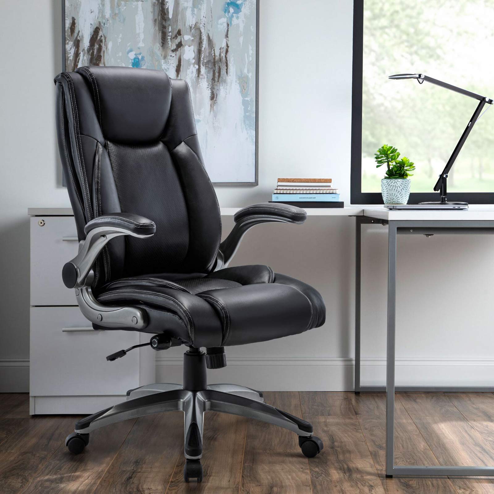 COLAMY High Back Office Chair with Flip-up Arms, Executive Computer Desk Chair Bonded Leather Adjustable Built-in Lumbar Support for School Home and Office