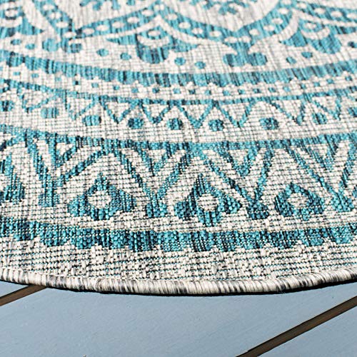 SAFAVIEH Courtyard Collection 5'3" Round Light Grey / Teal CY8734 Indoor/-Outdoor-Waterproof Easy-Cleaning Patio Backyard Mudroom Area-Rug