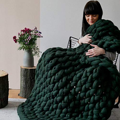 Inverse growth Handmade Chunky Knit Blanket Large Thick Wool Bulky Knitting Throw for Bedroom Decor Pet Bed Chair Mat Rug Dark Green 48"×60"