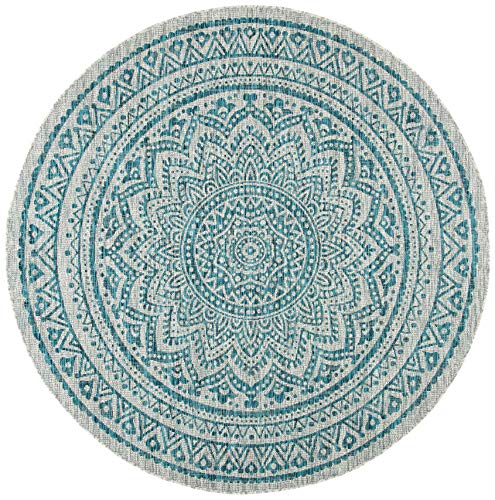 SAFAVIEH Courtyard Collection 5'3" Round Light Grey / Teal CY8734 Indoor/-Outdoor-Waterproof Easy-Cleaning Patio Backyard Mudroom Area-Rug