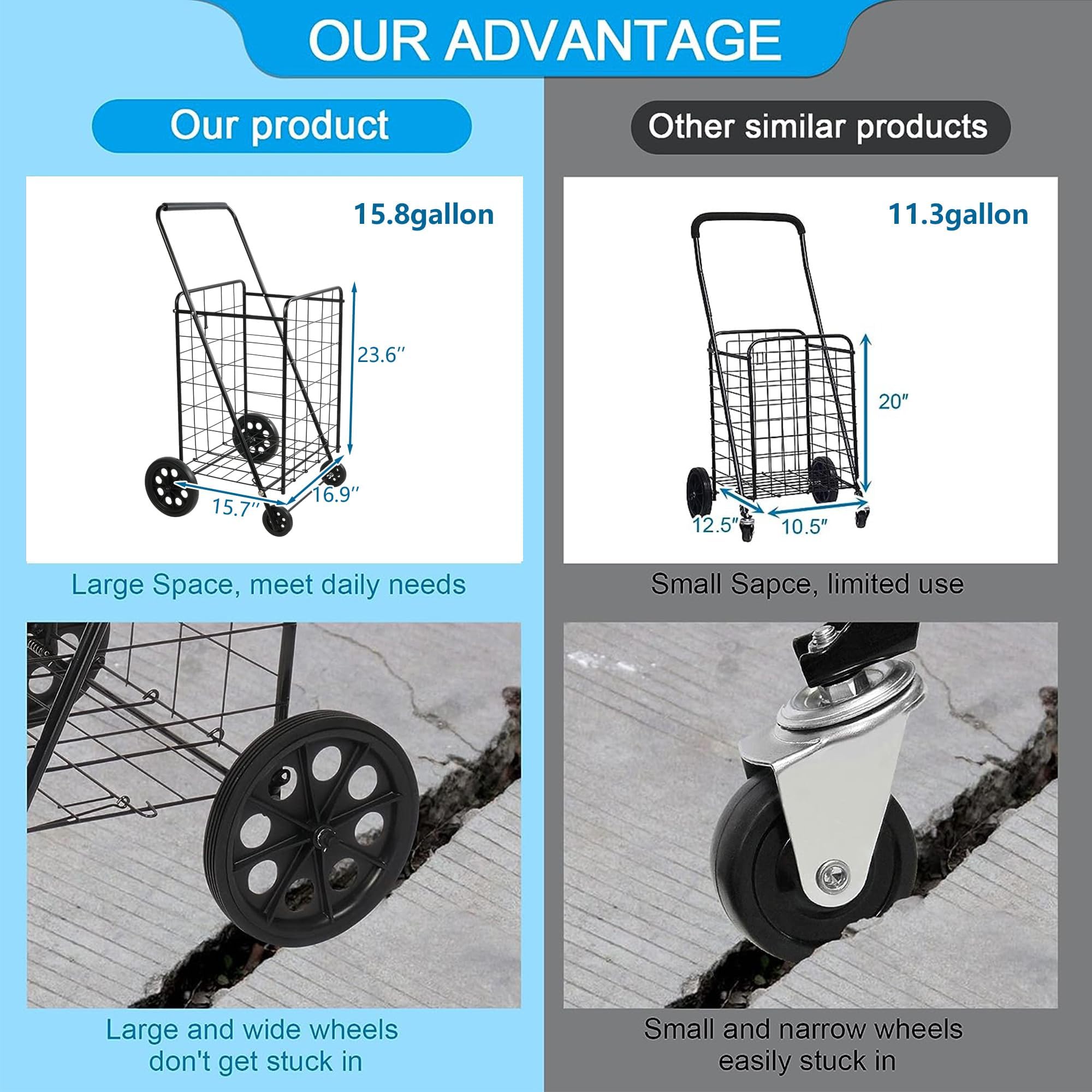LUCKYERMORE Folding Grocery Shopping Cart with Durable Wheels Collapsible Large Metal Utility Cart for Daily use, Black