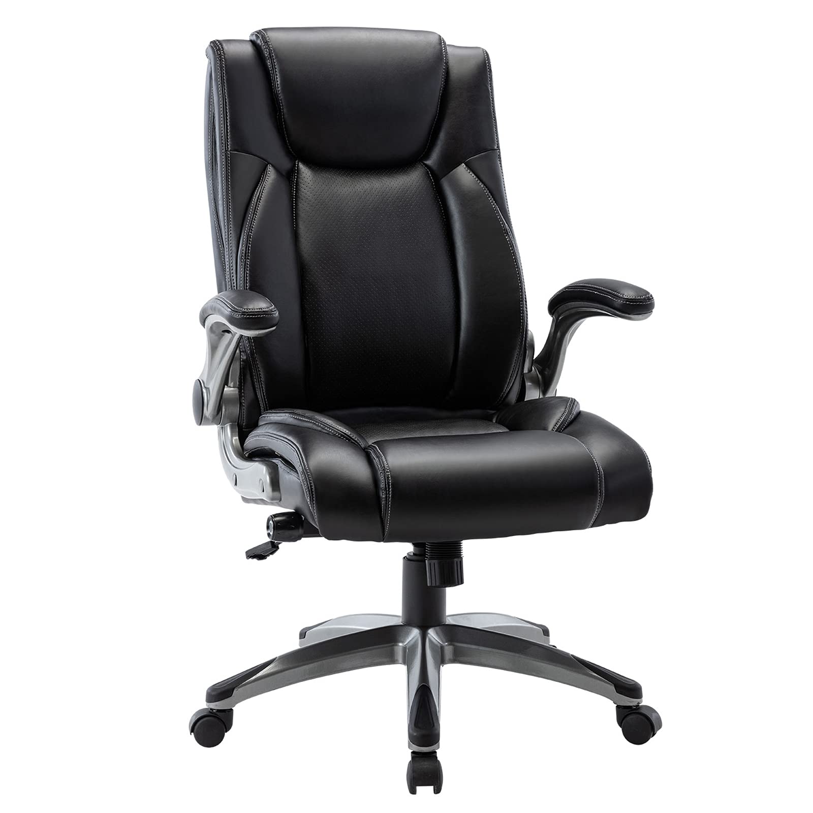 COLAMY High Back Office Chair with Flip-up Arms, Executive Computer Desk Chair Bonded Leather Adjustable Built-in Lumbar Support for School Home and Office