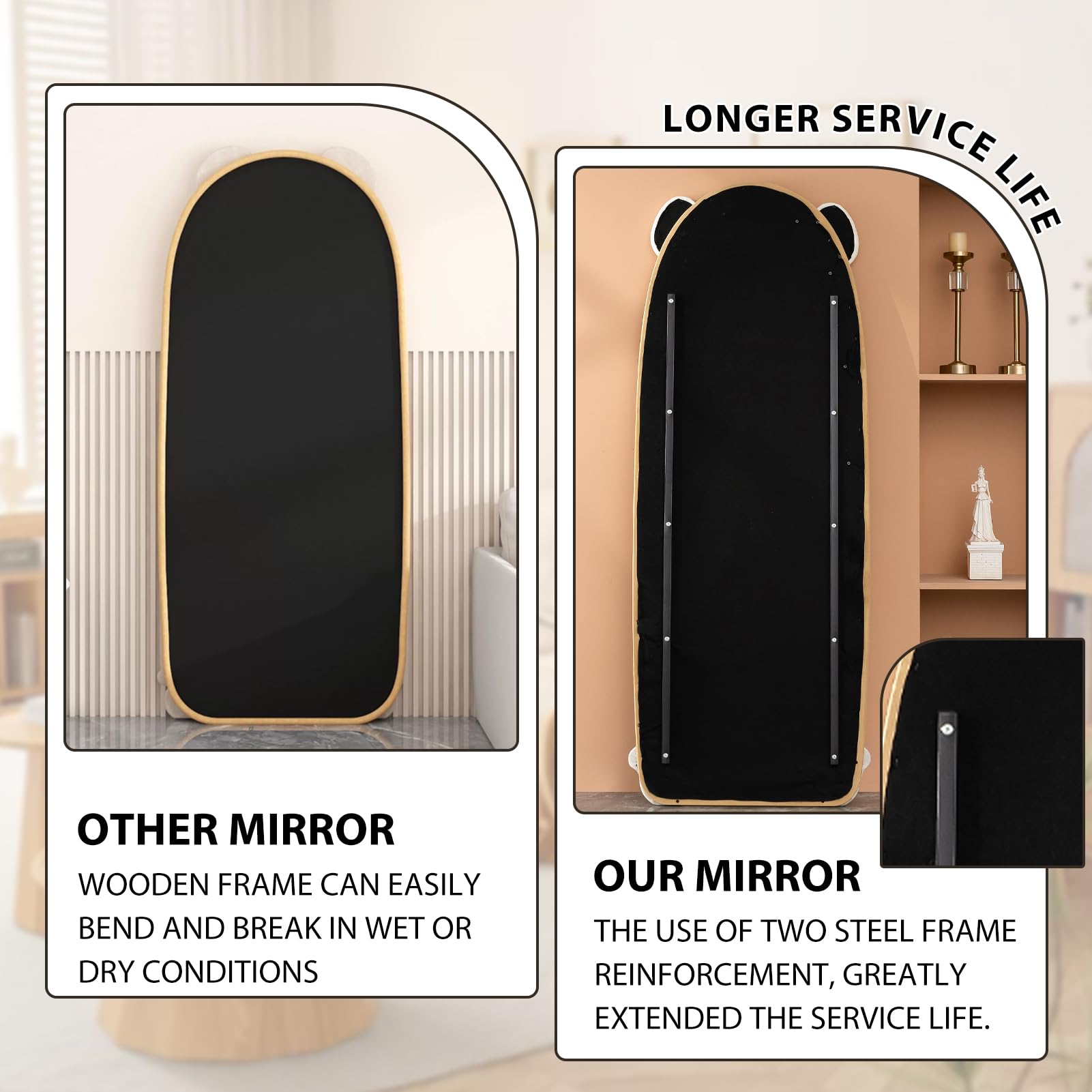 GOODONE Full Length Mirror,63"x24" Irregular Full Body Mirror for Bedroom Living Room, Floor Mirror Standing Hanging or Leaning Against Wall, Flannel Wrapped Wooden Frame,Bear