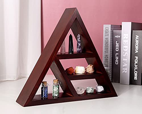 CozyCabin Triangle Shelf for Crystals Display, Moon Phase Wooden Crystal Display Shelf with Hooks Triangle Wall Shelf for Crystal Display