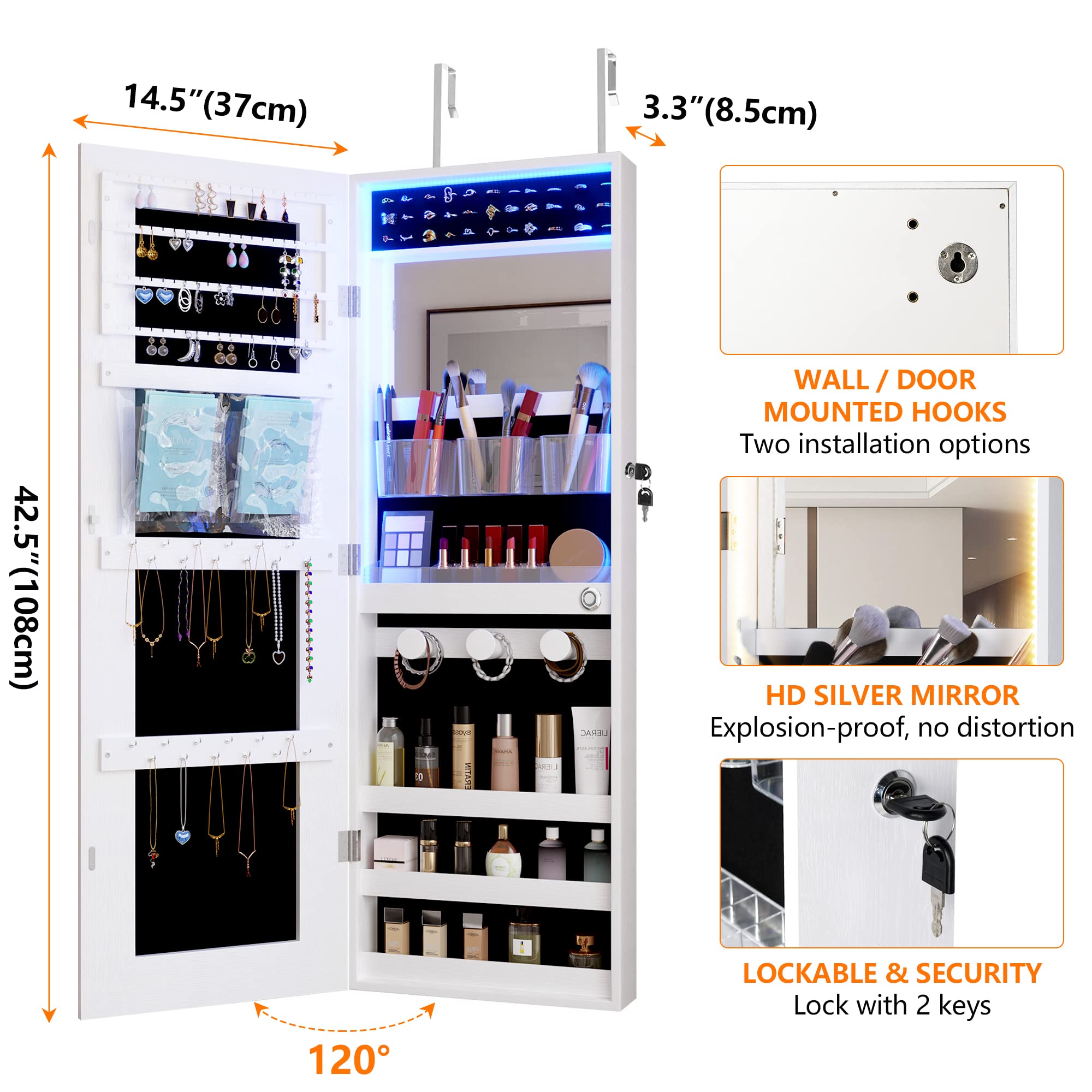 Vlsrka Jewelry Mirror Cabinet with LED Lights, Wall Mounted/Door Hanging Full-Length Jewelry Mirror, Lockable Storage Cabinet, Built-in Makeup Mirror for Bedroom Cloakroom (White)