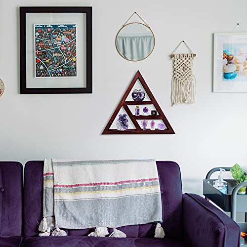 CozyCabin Triangle Shelf for Crystals Display, Moon Phase Wooden Crystal Display Shelf with Hooks Triangle Wall Shelf for Crystal Display