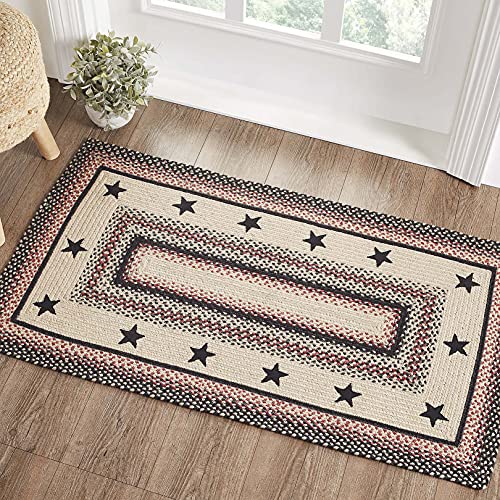 VHC Brands Colonial Star Rug with PVC Pad, Jute Blend, Rectangle, Tan Black Red, 27x48 inches