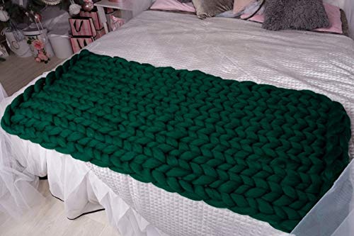 Inverse growth Handmade Chunky Knit Blanket Large Thick Wool Bulky Knitting Throw for Bedroom Decor Pet Bed Chair Mat Rug Dark Green 48"×60"