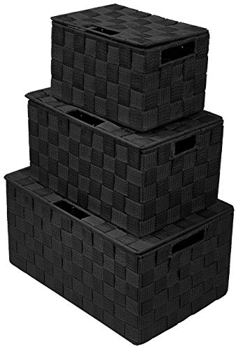 Sorbus Foldable Storage Cube Woven Basket Bin Set - Built-In Carry Handles - Great for Home Organization, Nursery, Playroom, Closet, Dorm, etc (Lid Bins - 3 Pack, Black)