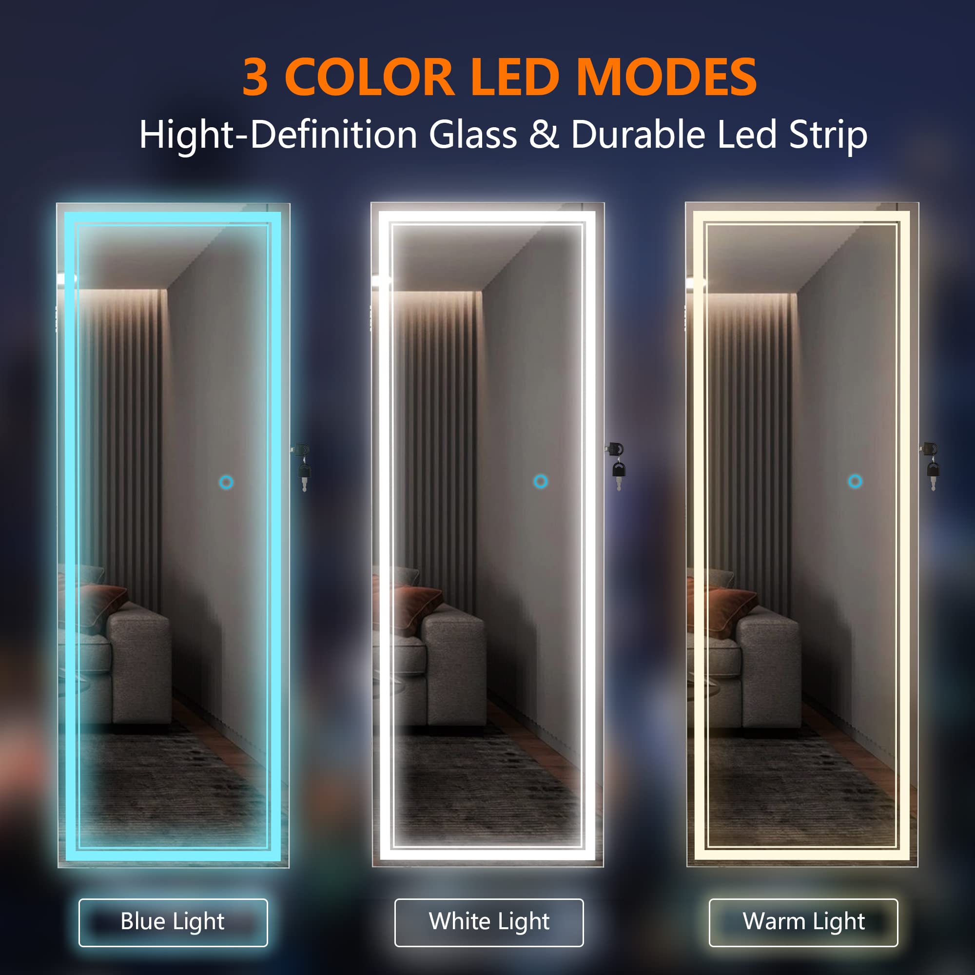 Vlsrka Jewelry Mirror Cabinet with LED Lights, Wall Mounted/Door Hanging Full-Length Jewelry Mirror, Lockable Storage Cabinet, Built-in Makeup Mirror for Bedroom Cloakroom (White)