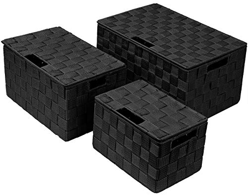 Sorbus Foldable Storage Cube Woven Basket Bin Set - Built-In Carry Handles - Great for Home Organization, Nursery, Playroom, Closet, Dorm, etc (Lid Bins - 3 Pack, Black)