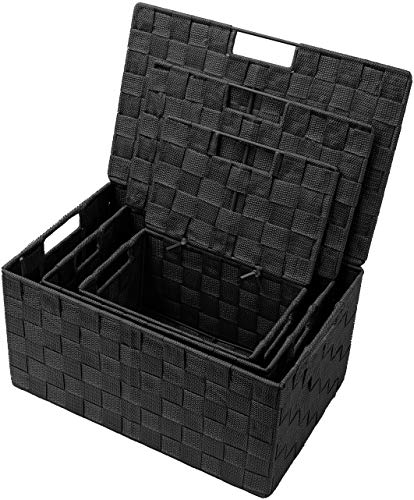 Sorbus Foldable Storage Cube Woven Basket Bin Set - Built-In Carry Handles - Great for Home Organization, Nursery, Playroom, Closet, Dorm, etc (Lid Bins - 3 Pack, Black)