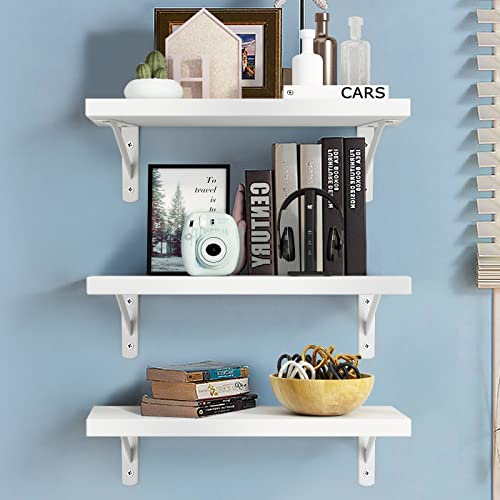 AIKTOTA Floating Shelves - 15.7" White Wall Shelf with Metal Bracket, Wall Mounted Shelves for Bathroom, Living Room, Bedroom, Kitchen, Modern Storage Shelves Decor - Set of 3