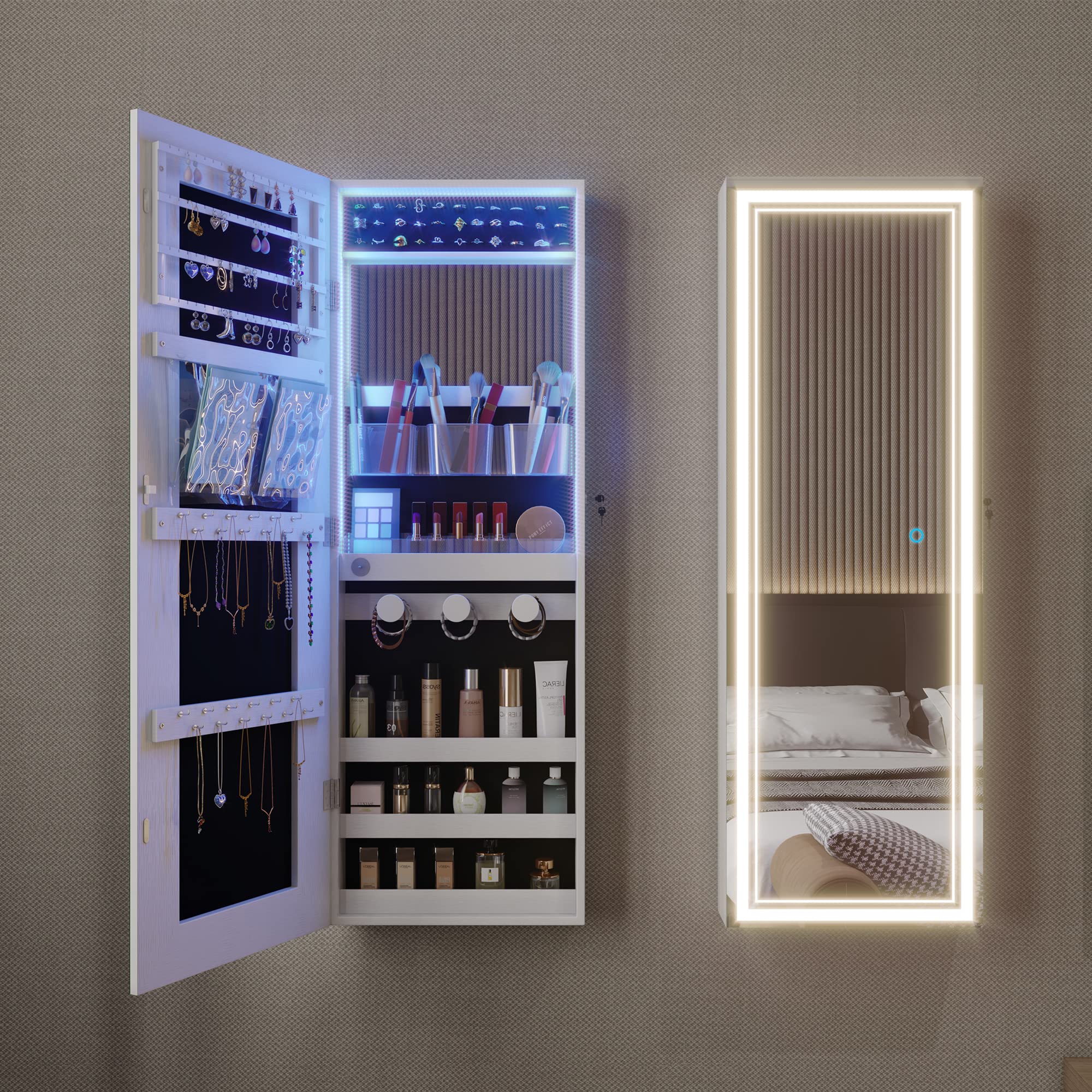 Vlsrka Jewelry Mirror Cabinet with LED Lights, Wall Mounted/Door Hanging Full-Length Jewelry Mirror, Lockable Storage Cabinet, Built-in Makeup Mirror for Bedroom Cloakroom (White)