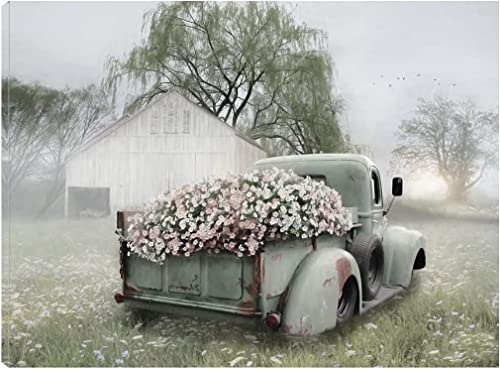 Fine Art Canvas Sage Green Truck with Blush Petunias Canvas Print by Artist Lori Deiter for Living Room, Bedroom, Bathroom, Kitchen, Office, Bar, Dining & Guest Room - Ready to Hang - 32 in x 24 in (W x H)