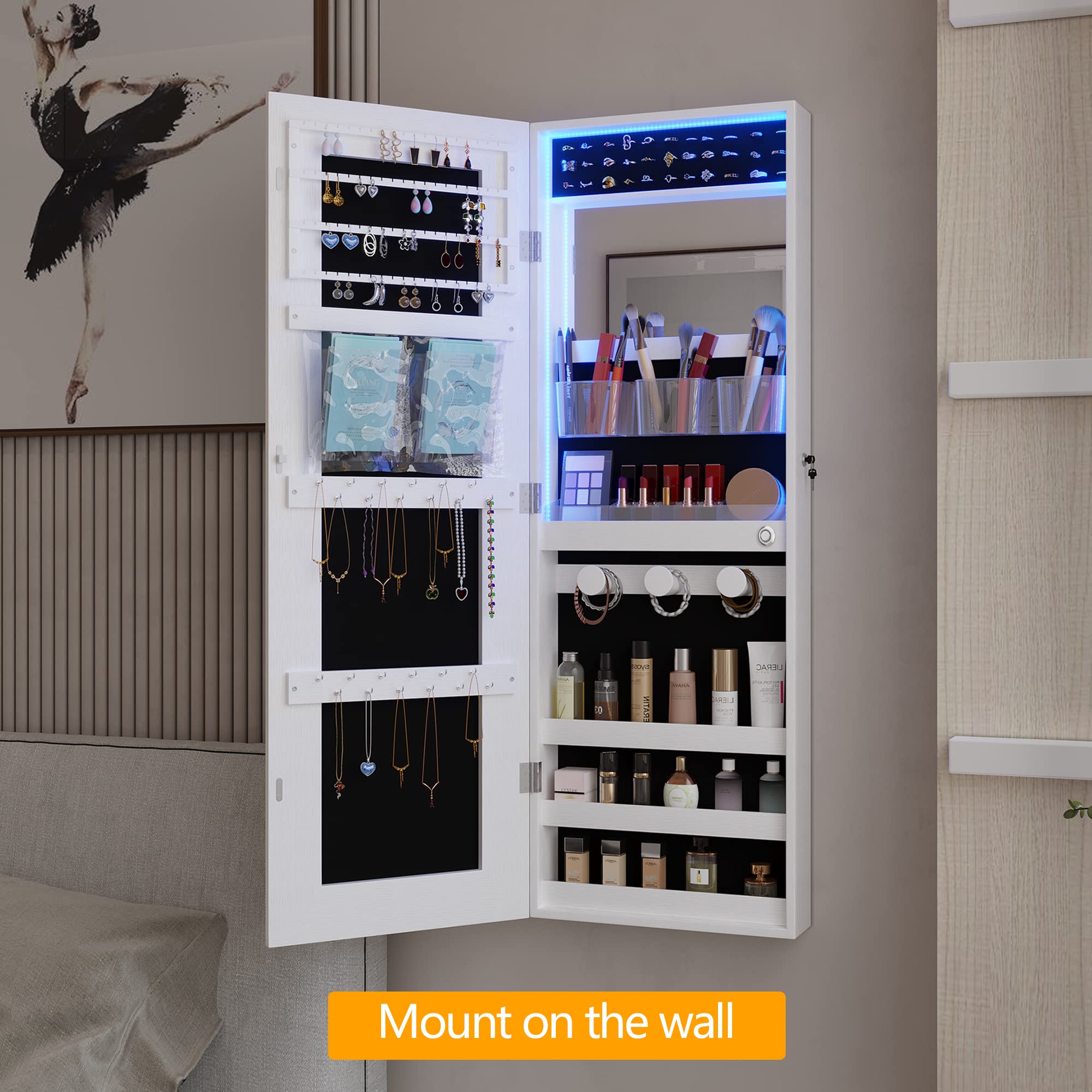 Vlsrka Jewelry Mirror Cabinet with LED Lights, Wall Mounted/Door Hanging Full-Length Jewelry Mirror, Lockable Storage Cabinet, Built-in Makeup Mirror for Bedroom Cloakroom (White)