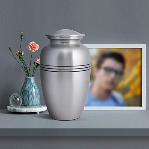 Pewter Large Urn for Human Ashes - A Beautiful and Humble Urn for Your Loved Ones Remains. This Lovely - Urn Will Bring You Comfort Each Time You See It, Size 10x6.75 inch-Silver with 3 Lines