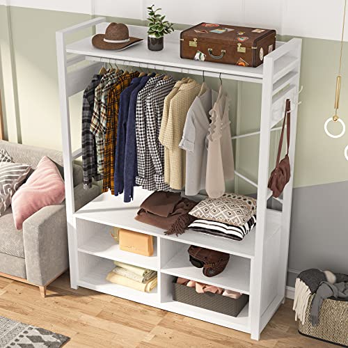 Tribesigns Free-standing Closet Clothing Rack, Metal Closet Organizer System with Shelves and Hooks, Heavy Duty Clothes Garment Rack Shelving for Bedroom, Laundry, Mushroom, Walk-in Closet (WHITE)