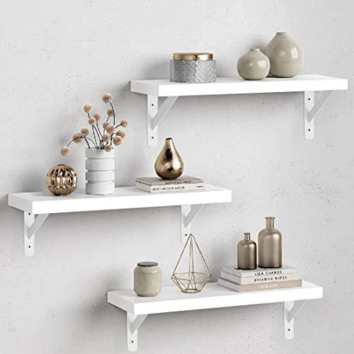 AIKTOTA Floating Shelves - 15.7" White Wall Shelf with Metal Bracket, Wall Mounted Shelves for Bathroom, Living Room, Bedroom, Kitchen, Modern Storage Shelves Decor - Set of 3