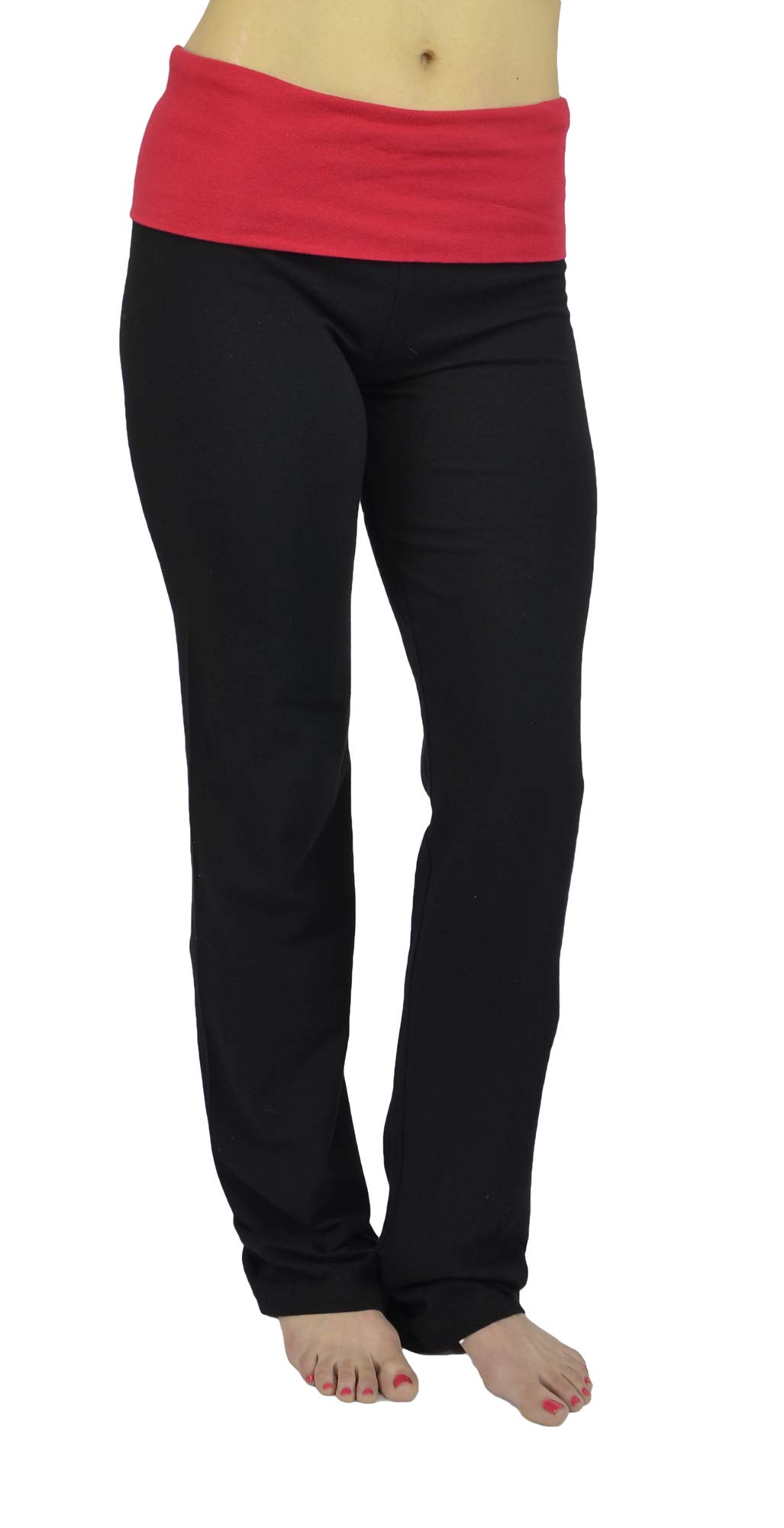 Belle Donne Womens Workout Fexible Fold Over Cotton Yoga Pants-Red/Small