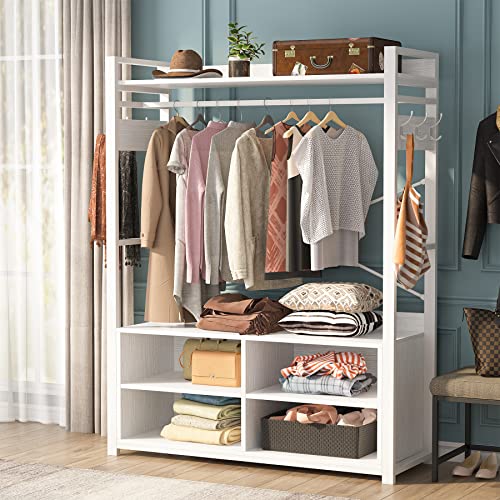 Tribesigns Free-standing Closet Clothing Rack, Metal Closet Organizer System with Shelves and Hooks, Heavy Duty Clothes Garment Rack Shelving for Bedroom, Laundry, Mushroom, Walk-in Closet (WHITE)