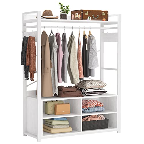 Tribesigns Free-standing Closet Clothing Rack, Metal Closet Organizer System with Shelves and Hooks, Heavy Duty Clothes Garment Rack Shelving for Bedroom, Laundry, Mushroom, Walk-in Closet (WHITE)