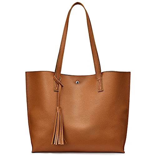 S-ZONE Women Genuine Leather Tote Bag Big Shoulder Purse Soft Handbag with Tassel